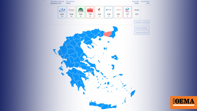 Εκλογές 2023 - Αποτελέσματα (99,83%): ΝΔ: 40,55, ΣΥΡΙΖΑ: 17,84, ΠΑΣΟΚ ...