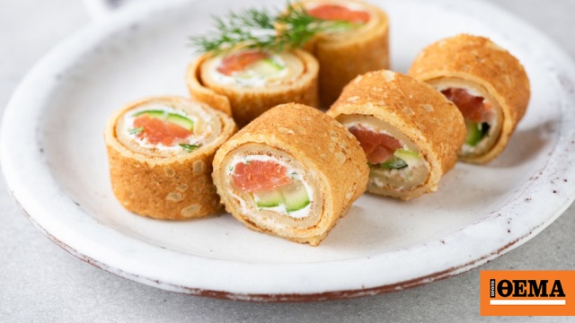 Ρολάκια κρέπας με καπνιστό σολομό, αγγούρι και τυρί κρέμα